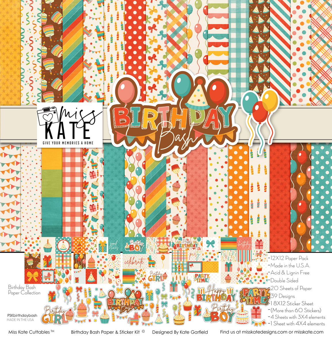 Birthday Bash - 12x12 Scrapbook Paper & Sticker Kit – MISS KATE