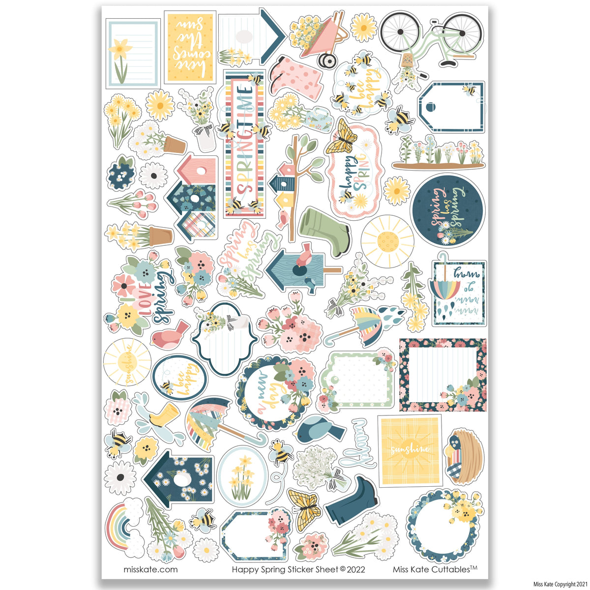 Happy Spring Stickers- suns, rainbows, bicycle, rain boots – MISS KATE